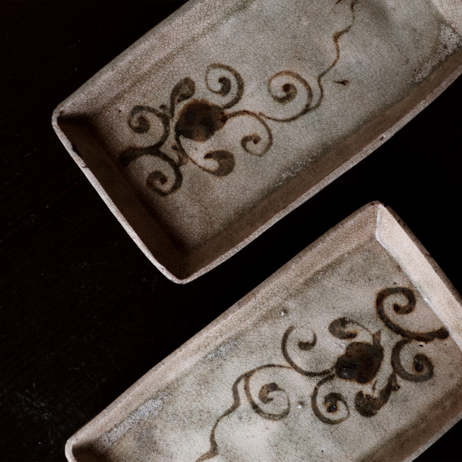 Seto Ware Ofukei Glazed Long Plate with Scroll Design in Underglaze ...